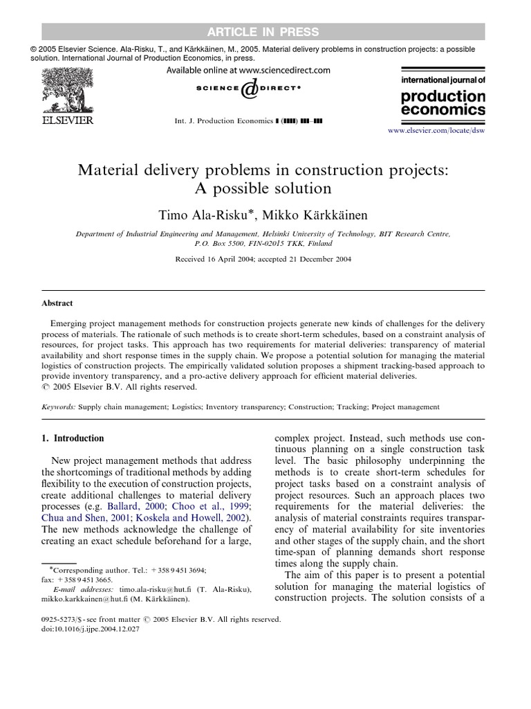 Material Delivery Problems in Construction Projects | PDF | Supply ...