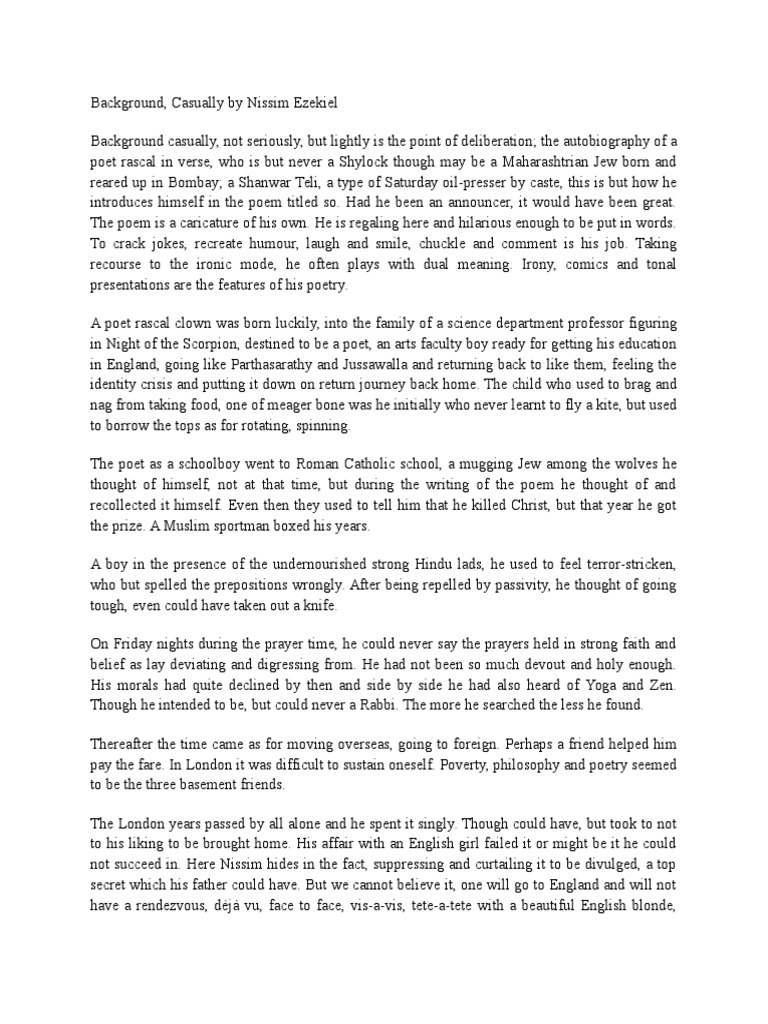 Background Casually by Nissim Ezekiel - Do | PDF | Irony | Poetry