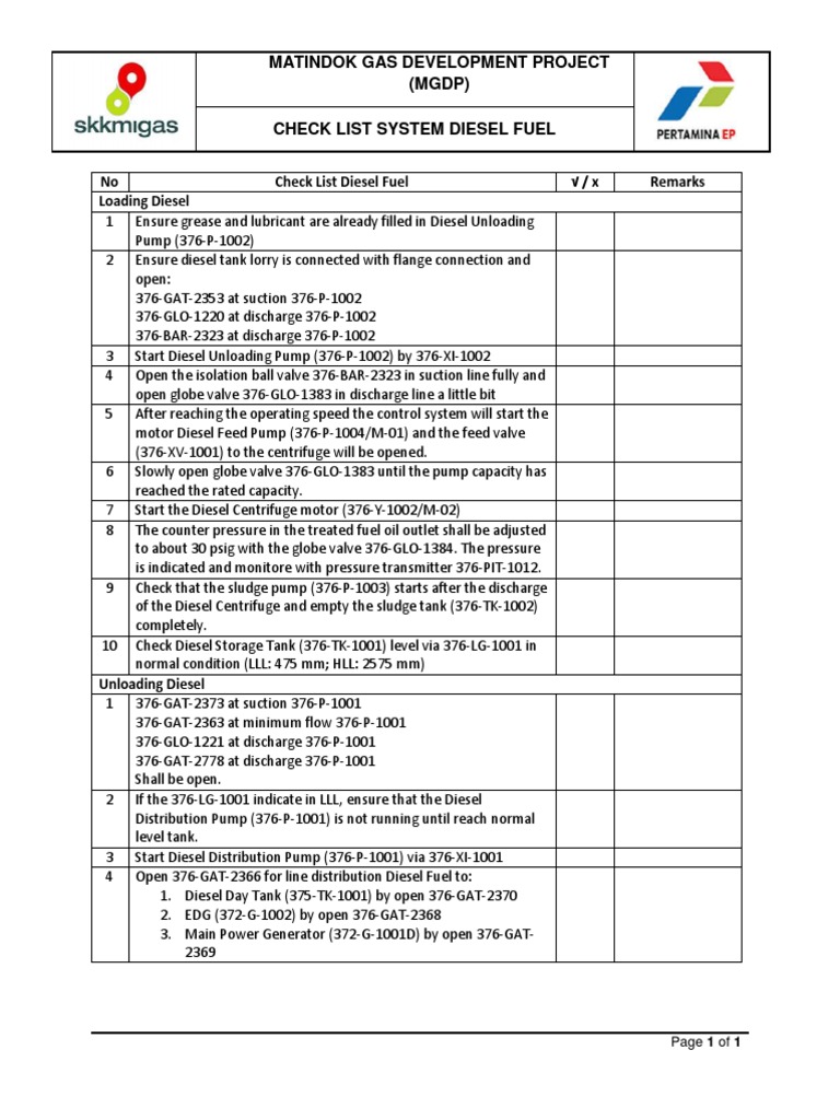 Matindok Gas Development Project (MGDP) Check List System Diesel Fuel ...