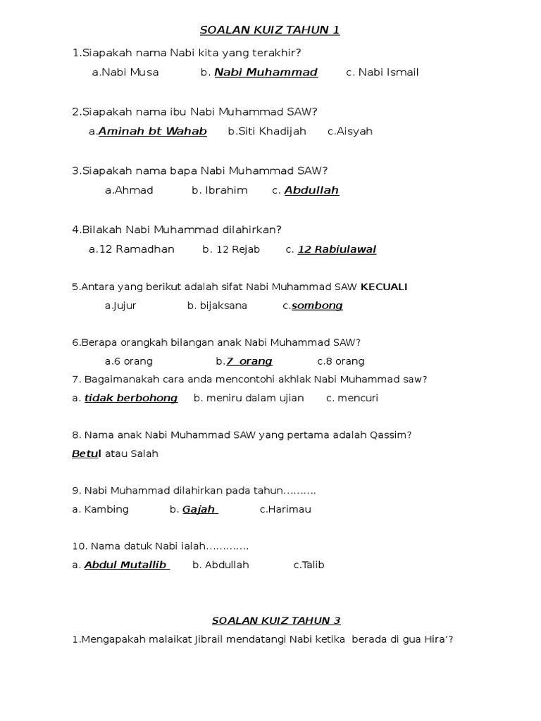 Soalan Kuiz Tahun 1 | PDF