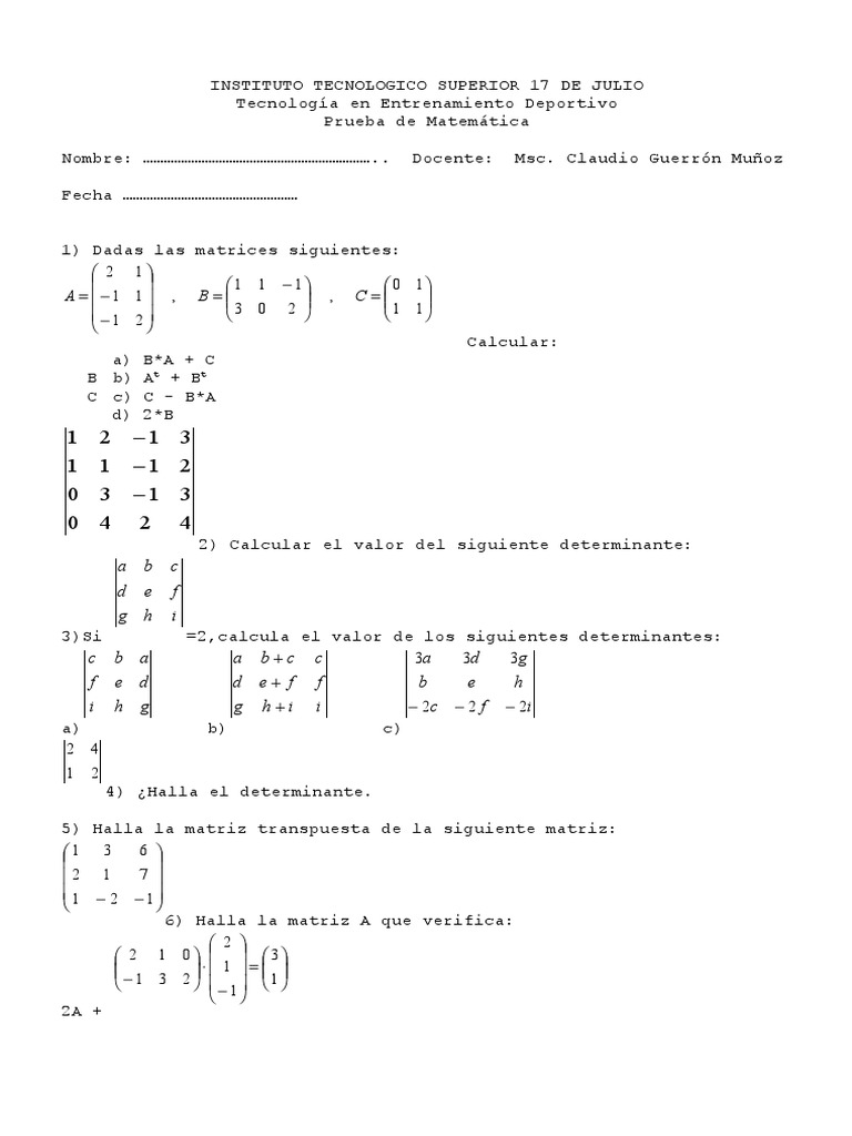 Prueba de Matrices | Determinante | Matriz (Matemáticas)