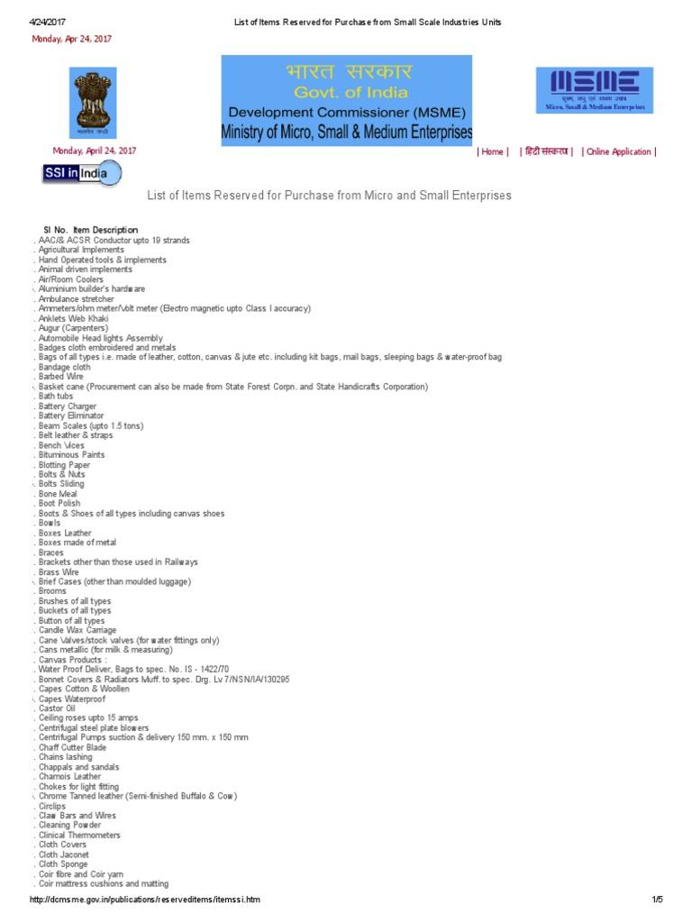 List of Items Reserved For Purchase From Small Scale Industries Units ...