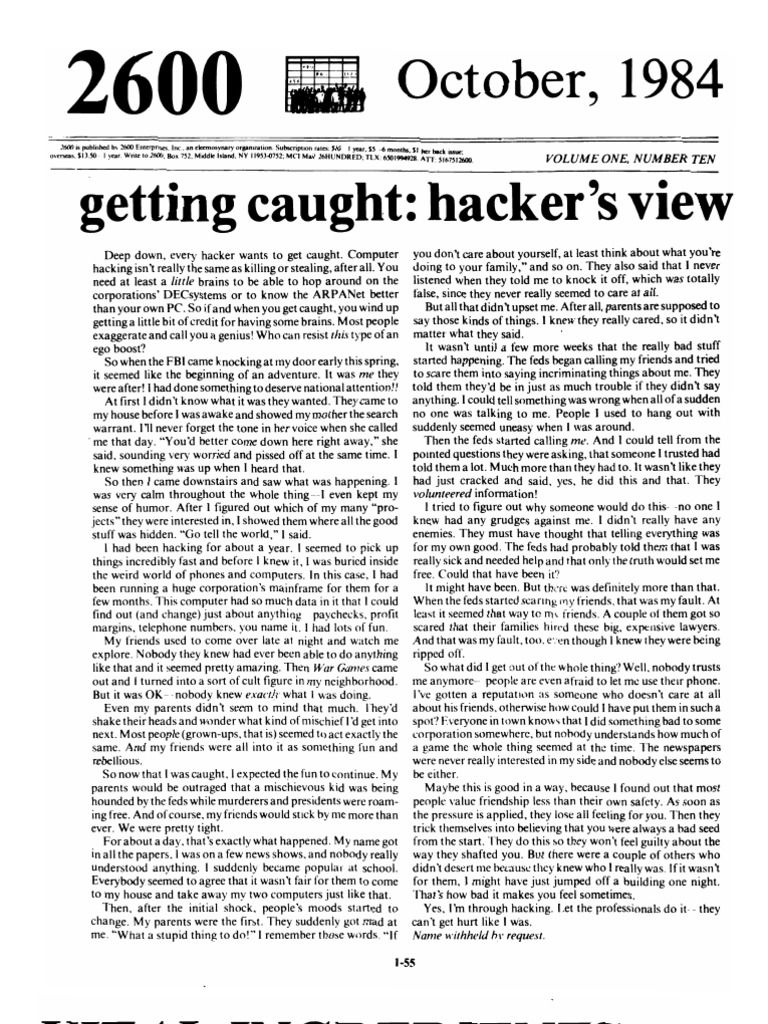 2600: The Hacker Quarterly (Volume 1, Number 10, October 1984) | PDF ...