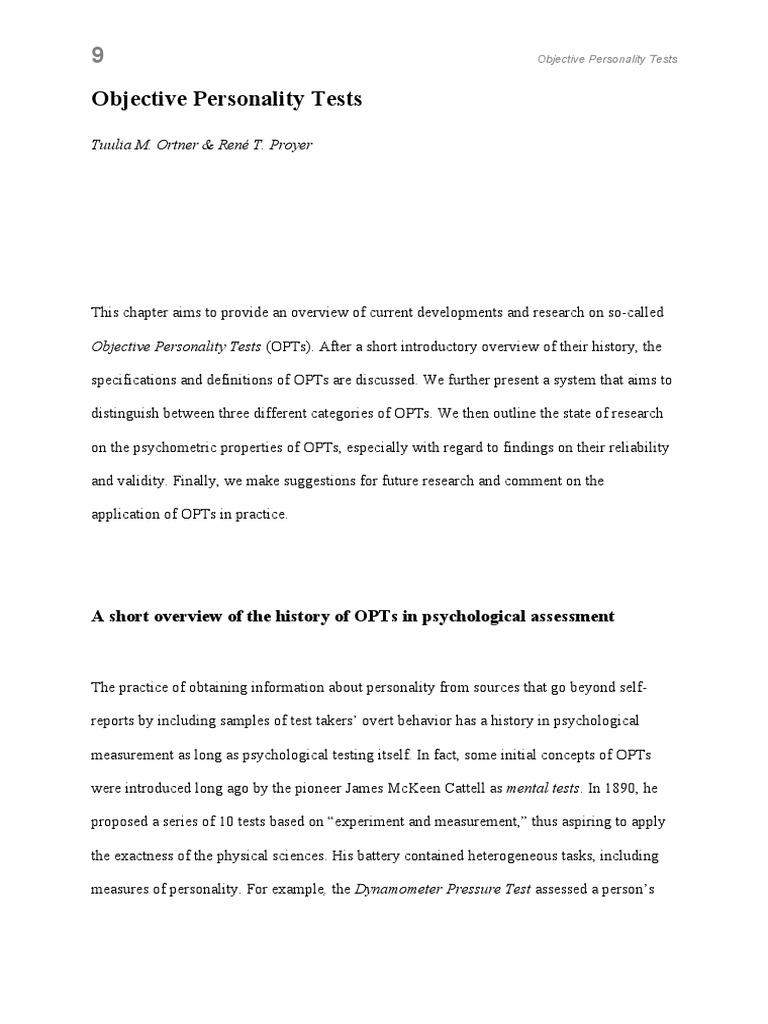 Objective Personality Tests: A History and Overview of Current ...