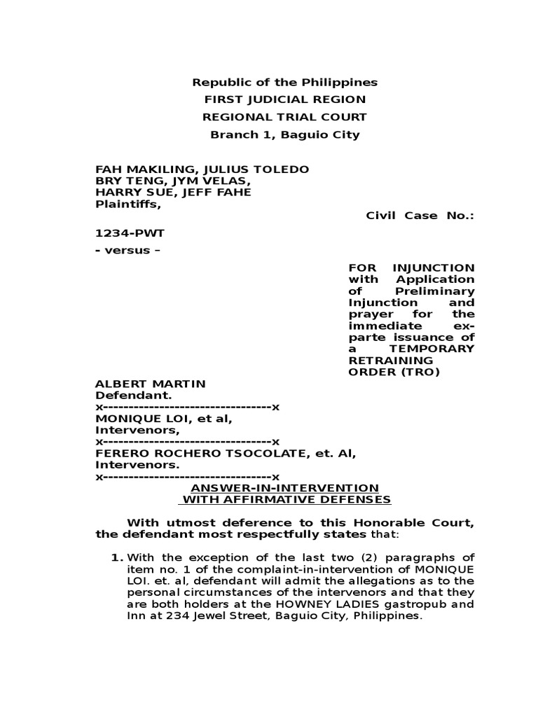 Answer in Intervention | PDF | Injunction | Complaint