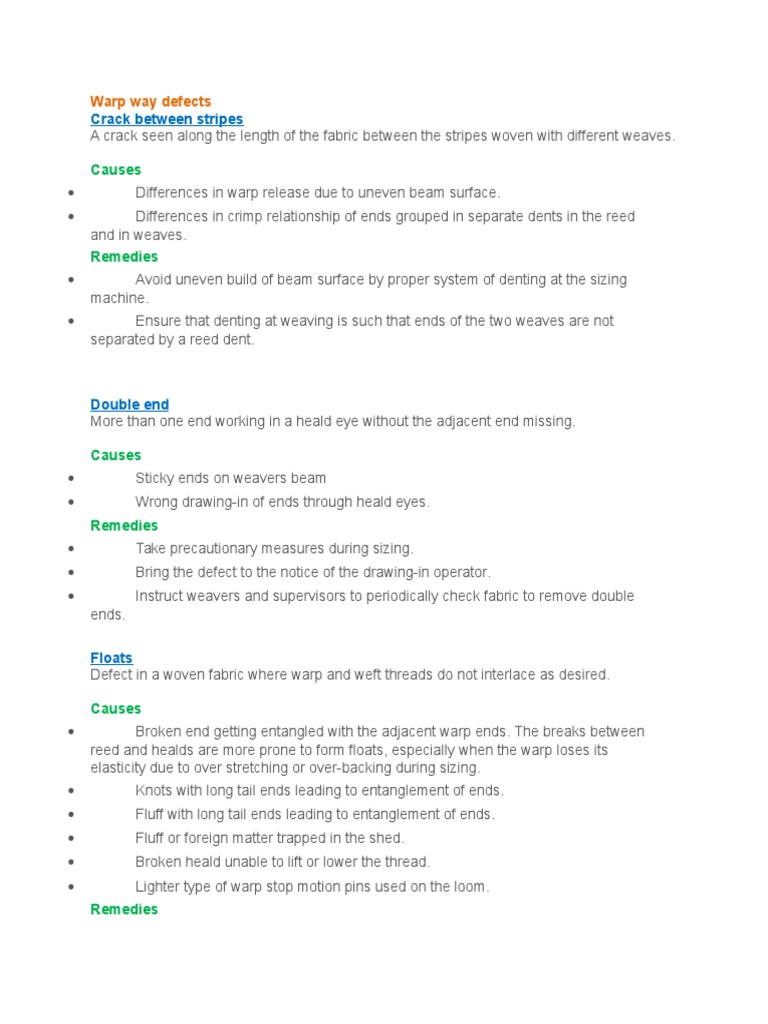 Warp Way Defects | PDF | Weaving | Loom