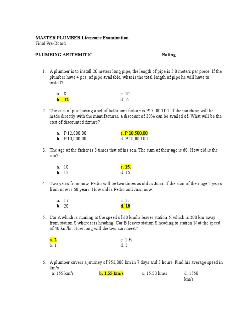 Plumbing Arithmetic Exam Questions | PDF