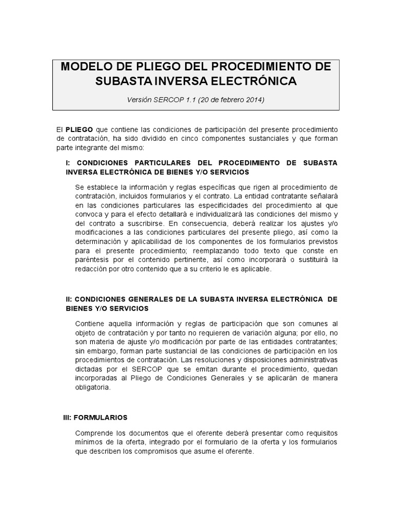 Pliegos Subasta Inversa | PDF | Oferta (economía) | Subasta