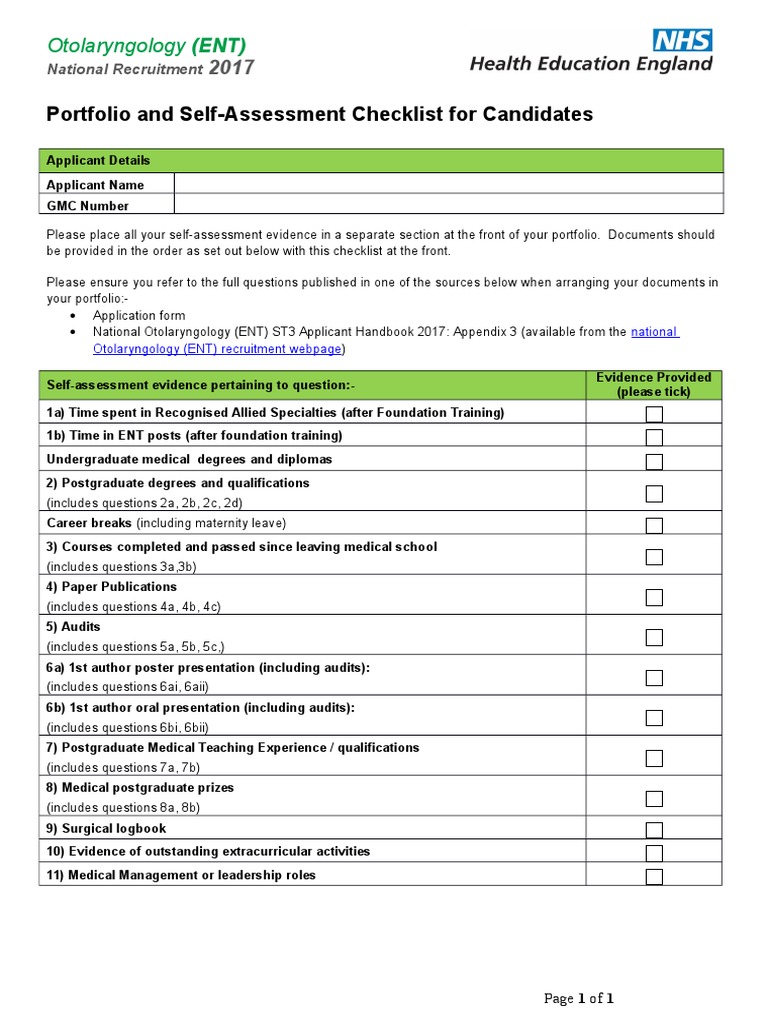 ENT Portfolio and Self-Assessment Checklist 2017 | PDF