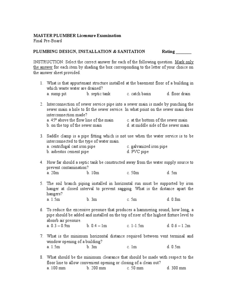 Plumbing Design & Sanitation Exam Guide | PDF | Plumbing | Sanitary Sewer