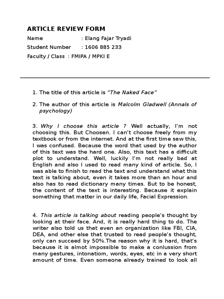 Article Review Form - Elang Fajar Tryadi | PDF | Psychological Concepts ...