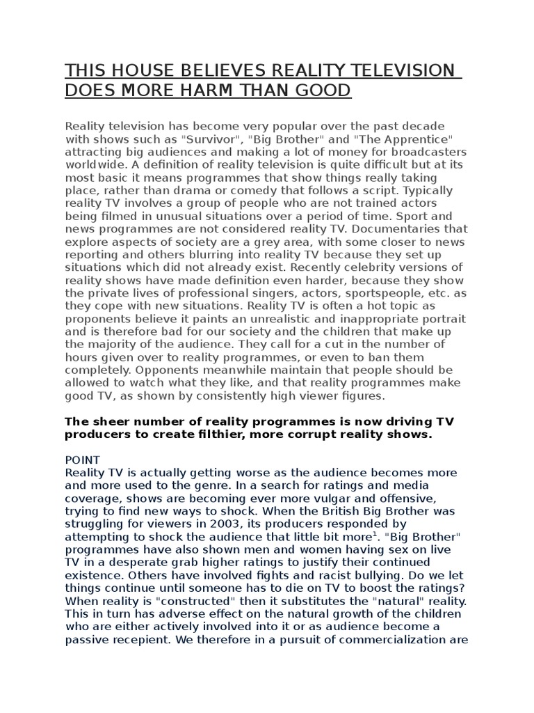 Does Reality TV Do More Harm Than Good | PDF | Reality Television ...