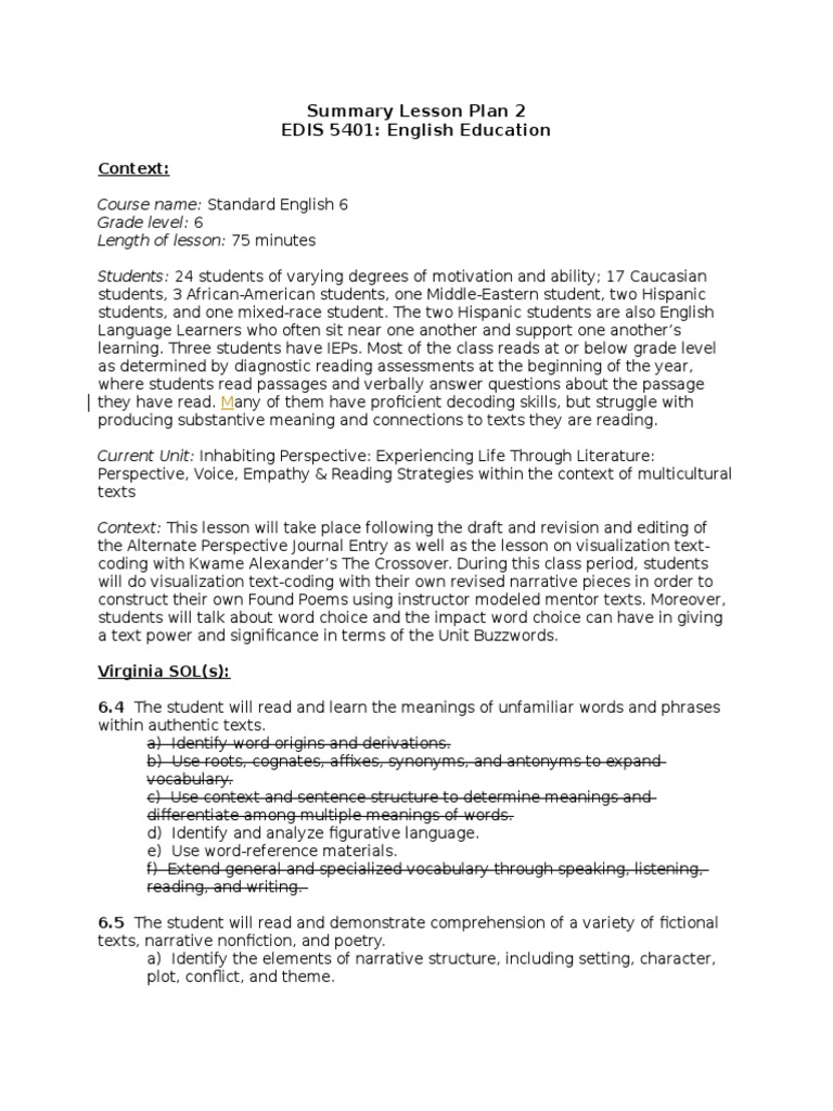 Summary Lesson Plan 2 EDIS 5401: English Education: Context | PDF ...
