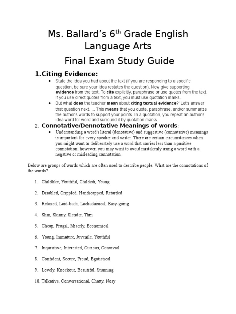 Ms. Ballard's 6 Grade English Language Arts Final Exam Study Guide ...