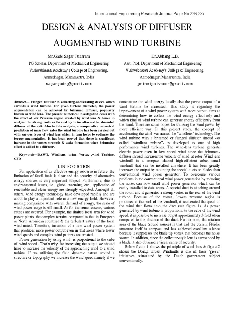 Analysis of Diffuser Designs to Optimize the Power Output of a Diffuser Augmented Wind Turbine ...