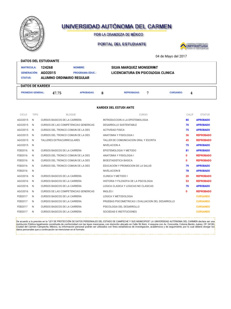 Https Charal - Unacar.mx PortalEstudiante Admin Imp Kardex - Aspx | PDF