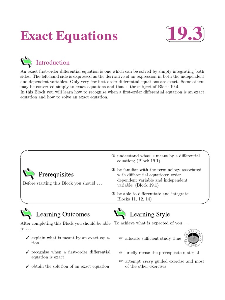 Exact Equations: Prerequisites | PDF | Variable (Mathematics) | Equations