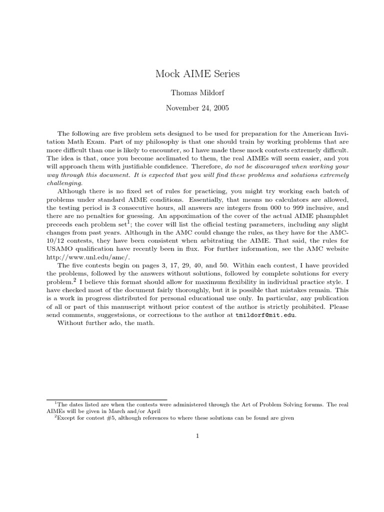 Mildorf Mock AIME PDF | PDF | Mathematical Objects | Teaching Mathematics