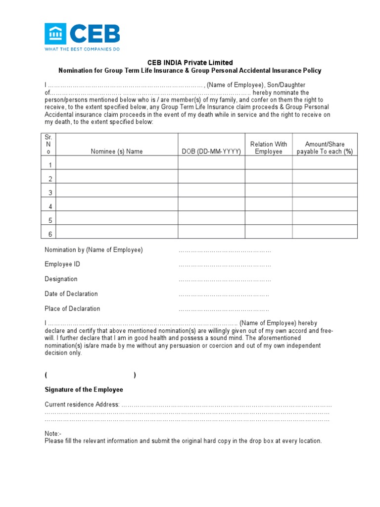 Group Term Life Insurance Nominee Form | PDF