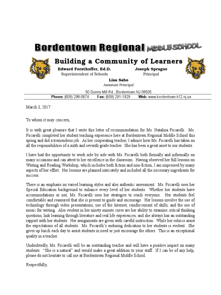 Natalina Recommendation Letter 2 | PDF | Special Education | Teachers