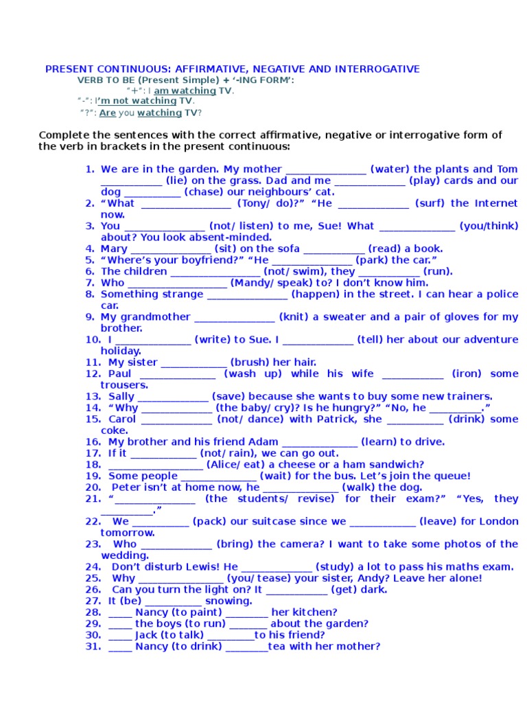 Present Continuous Exercises: Affirmative, Negative, Interrogative ...