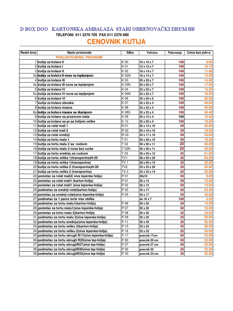 Cenovnik Poslasticarnice PDF | PDF