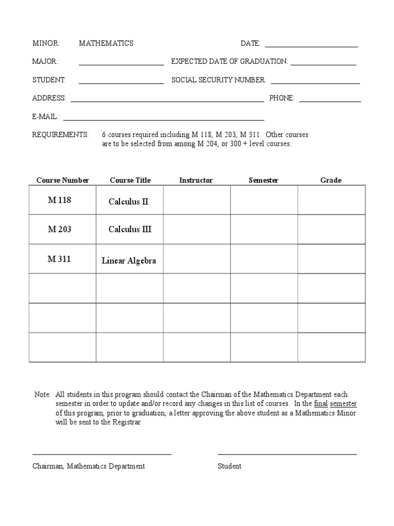 Minor in Math Form | PDF