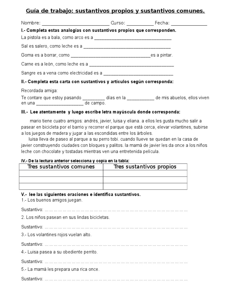Guía de Trabajo Sustantivos Propios y Sustantivos Comunes | PDF