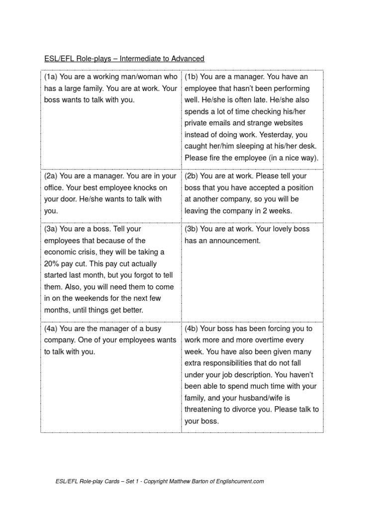 ESL Roleplay Cards Advanced Intermediate 1 | PDF