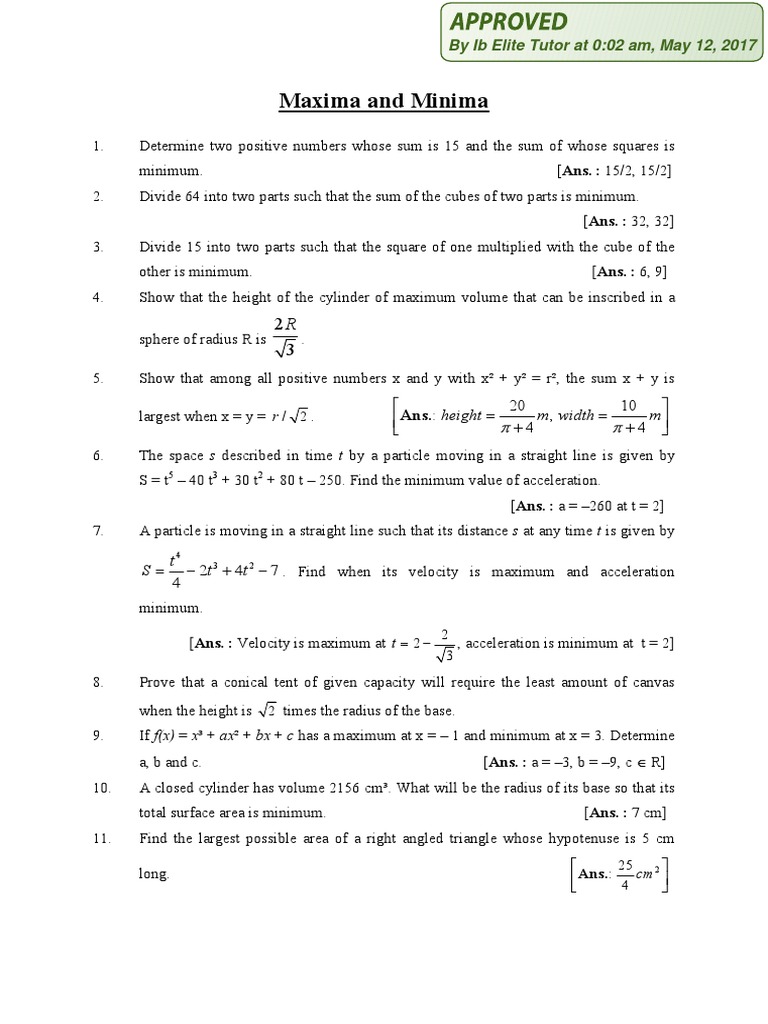 Worksheets On Maxima & Minima (22!09!15) | PDF | Maxima And Minima | Area