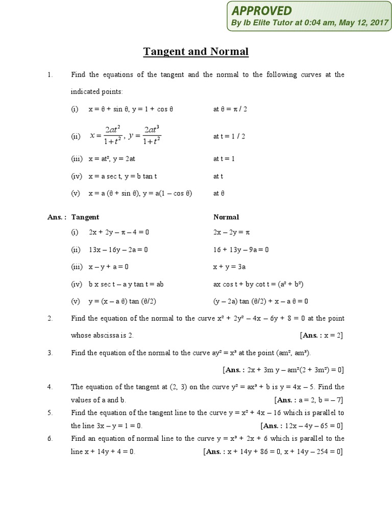 Worksheets On Tangent Normal (22!09!15) | PDF | Tangent | Slope