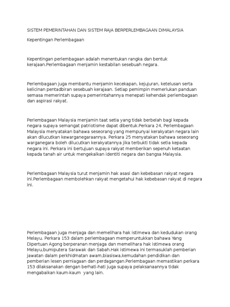 Sistem Pemerintahan Dan Sistem Raja Berperlembagaan Dimalaysia | PDF