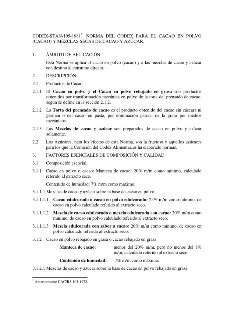 Codex Stan 105 1981 PDF | PDF | Sólidos de cacao | Azúcar