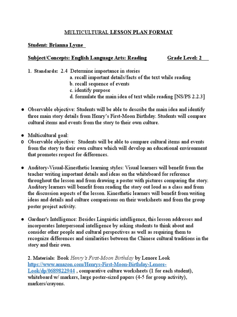 Edu 280 Multiculturallessonplan | PDF | Learning Styles | Lesson Plan
