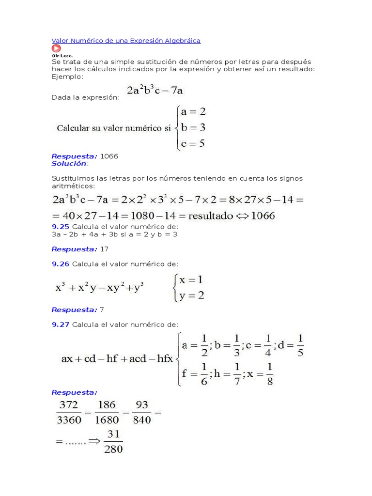 Ejercicios de Valor Numérico Algebraico | PDF | Fórmula | Enseñanza de ...