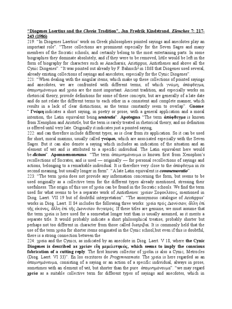 Diogenes Laertius and The Chreia Tradition. Kindstrand | PDF | Socrates ...