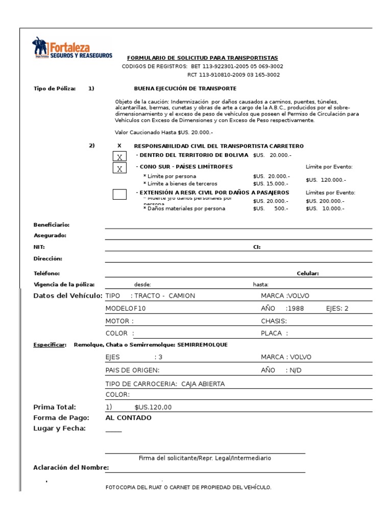 Formulario de Seguros | PDF | Póliza de seguros | Vehículo de motor