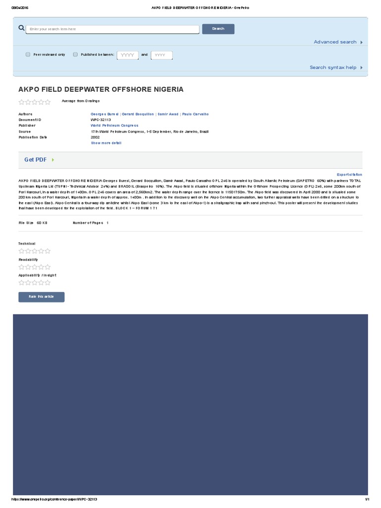 AKPO FIELD DEEPWATER OFFSHORE NIGERIA - OnePetro PDF | PDF | Oils ...