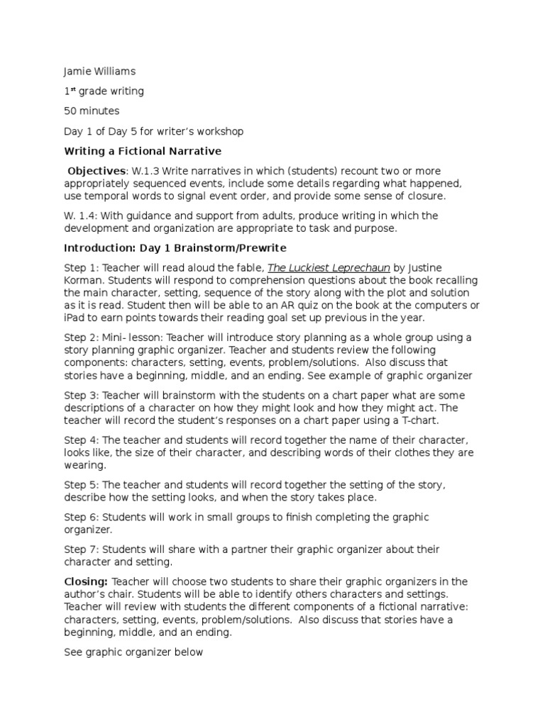 Lesson Plan For Writing A Fictional Narrative 1st Grade Narrative
