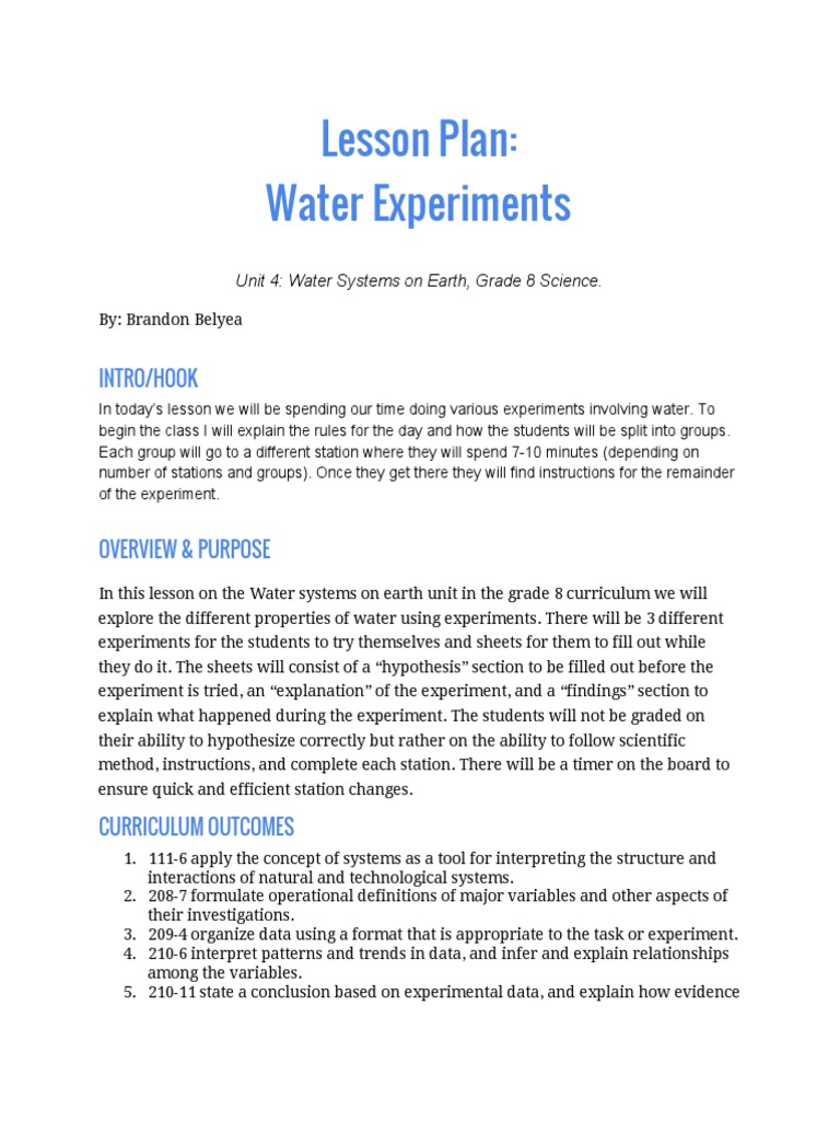 Lesson Plan: Water Experiments: Intro/Hook | PDF | Experiment | Hypothesis