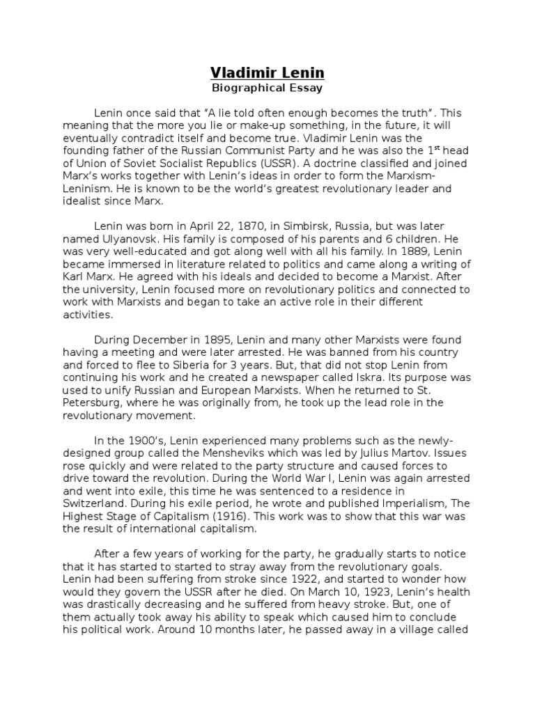 Vladimir Lenin: Biographical Essay | PDF | Vladimir Lenin | Karl Marx