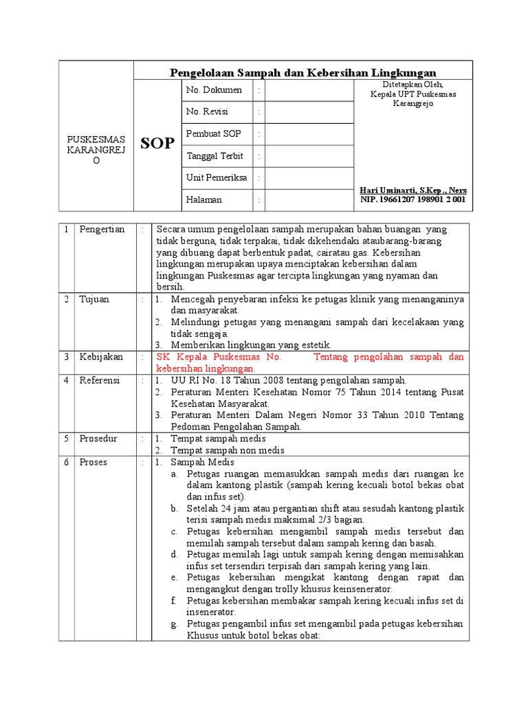 2.1.2 SOP Pengelolaan Sampah Dan Kebersihan Lingkungan | PDF