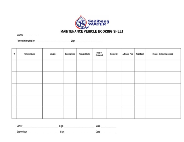 Maintenance Vehicle Booking Sheet | PDF