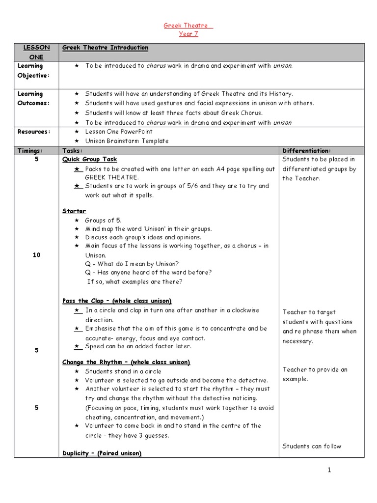 Greek Theatre Lesson Plan | PDF | Theatre | Educational Assessment