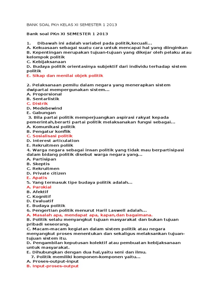 Bank Soal PKN Kelas Xi Semester 1 2013 | PDF