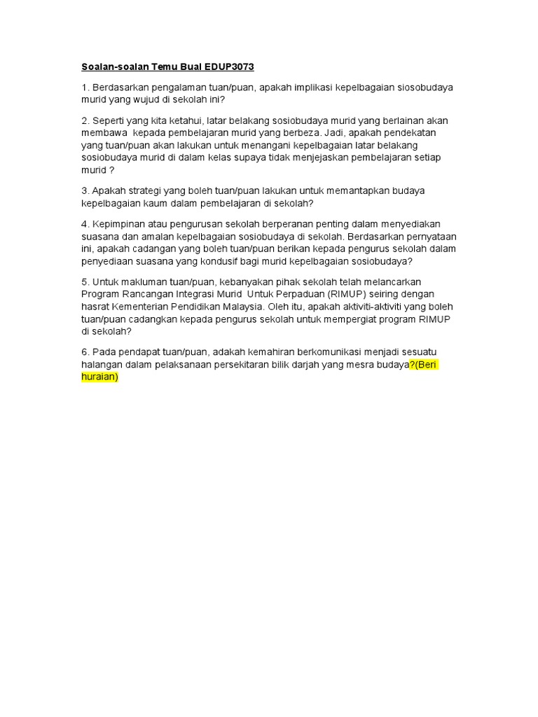 Soalan-Soalan Temu Bual EDUP 3073 | PDF