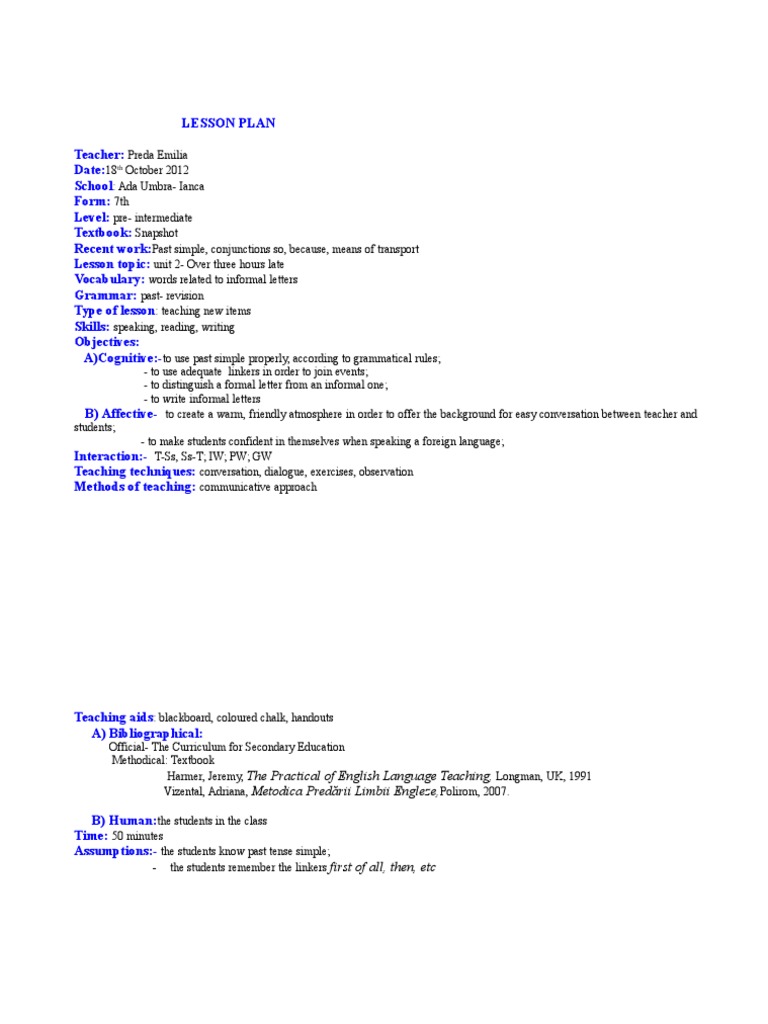 Lesson Plan 7 TH Grade | PDF | Language Education | Behavior Modification