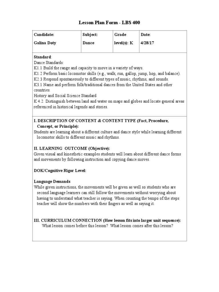 Dance Lesson Plan | PDF | Dances | Lesson Plan