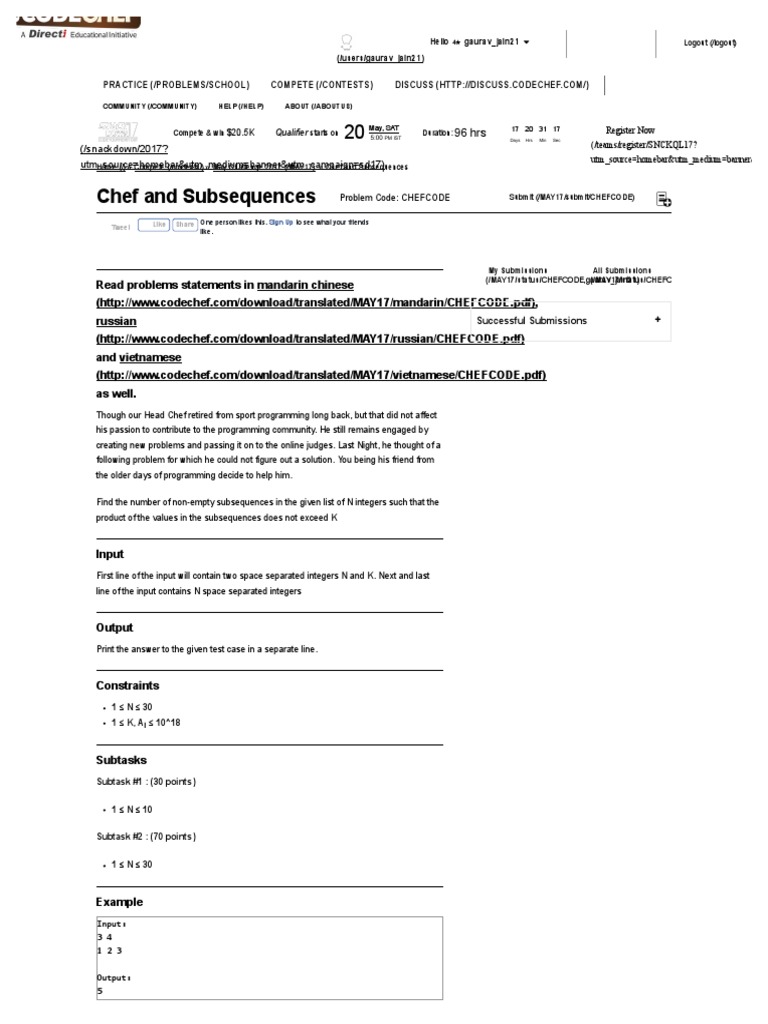 Chef and Subsequences - CodeChef | PDF | Computer Programming | Computer Engineering