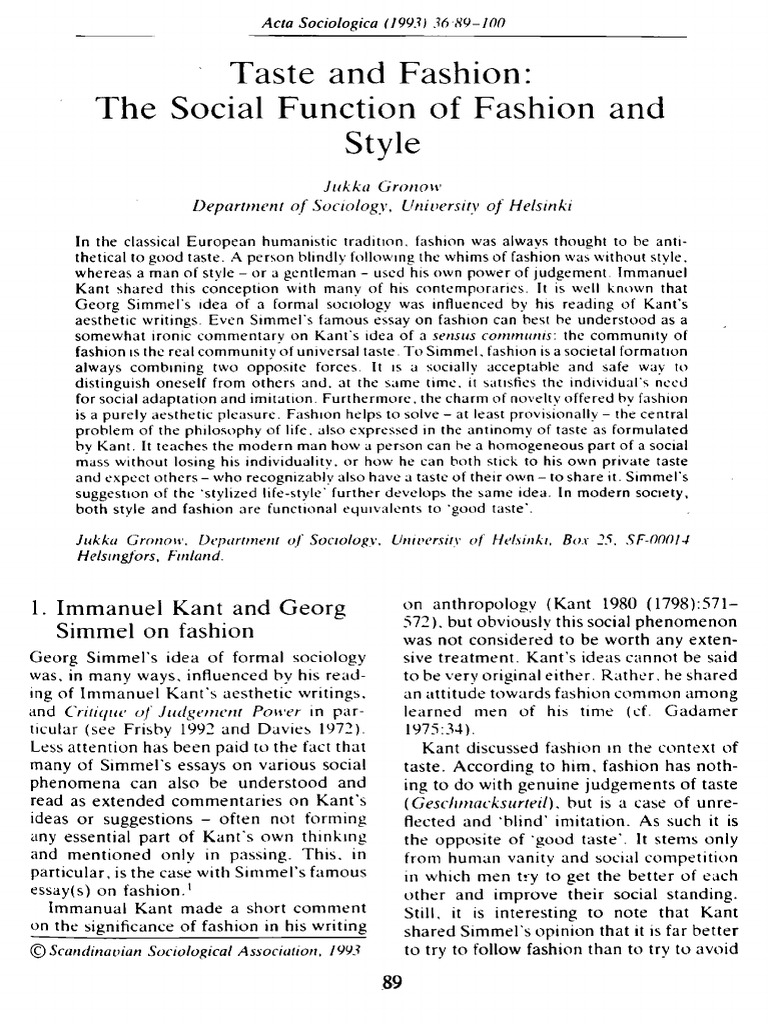 Fashion's Social Function in Sociology | PDF | Immanuel Kant | Aesthetics
